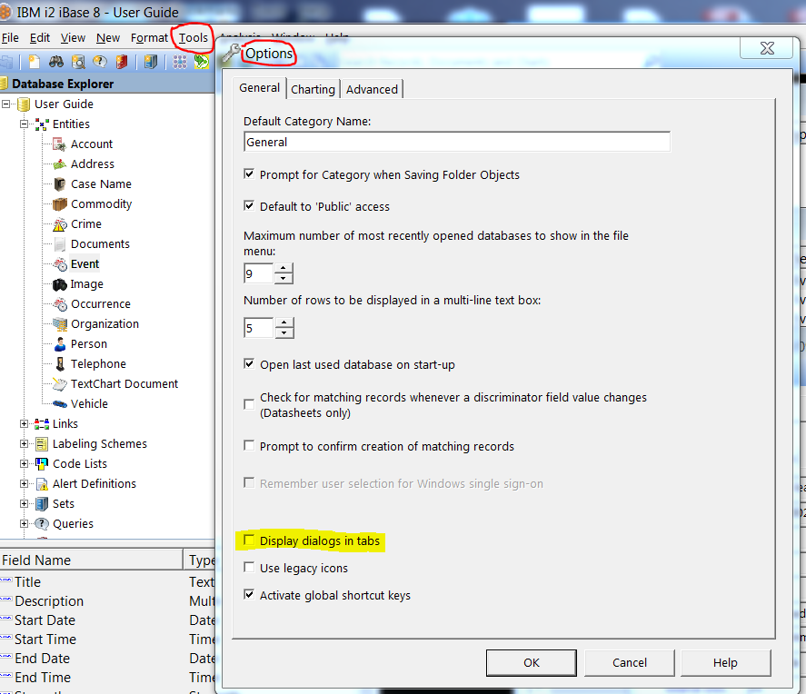 When using IBM i2 iBase - Choose whether new dialogs appear as tabbed or independent windows