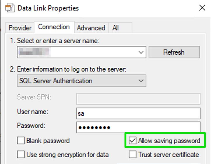 Is Allow saving password required when importing OLE-DB data?