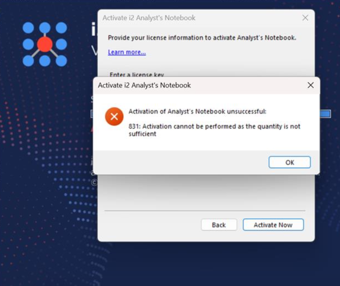 Error activating license 831: Activation cannot be performed as the quantity is not sufficient